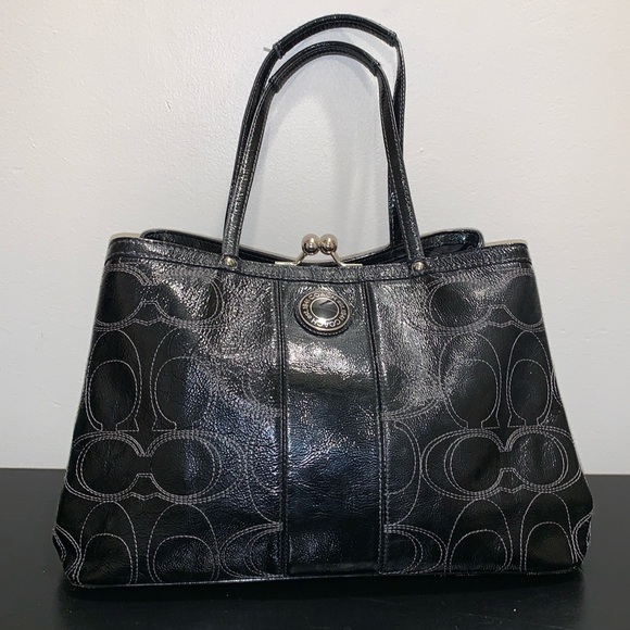 Coach | Bags | Coach Kisslock Carryall F276f19215 Black Patent Leather ...